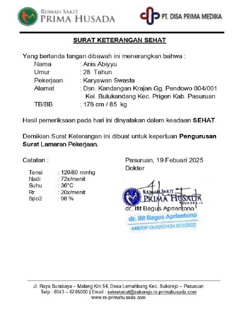 Surat Keterangan Sehat Anis Abiyyu | PDF