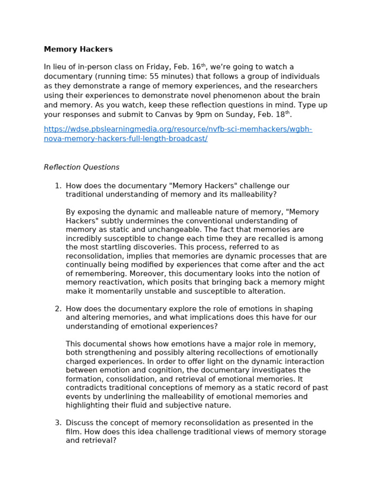 Memory Hackers - Reflection Questions | PDF | Memory | Cognition