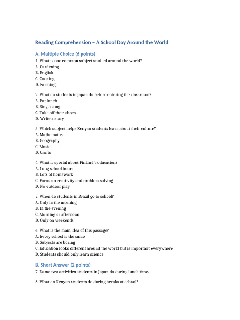 Global School Days: Reading Comprehension | PDF