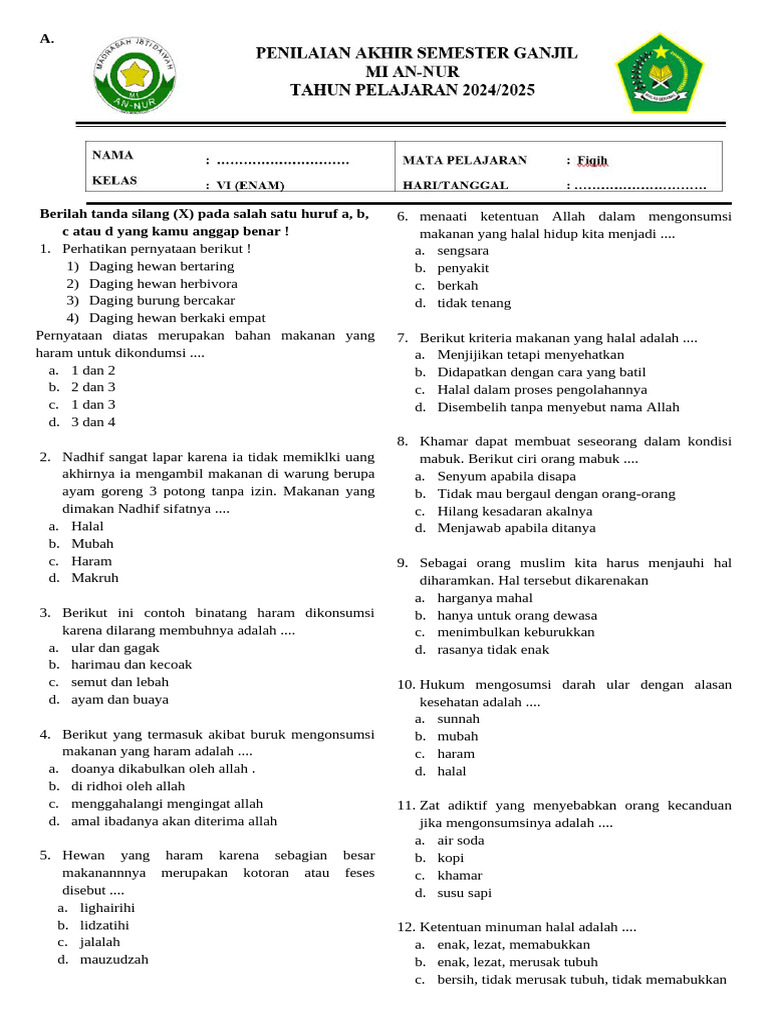 Fiqih Kelas 6 PAS Ganjil 24-25 | PDF