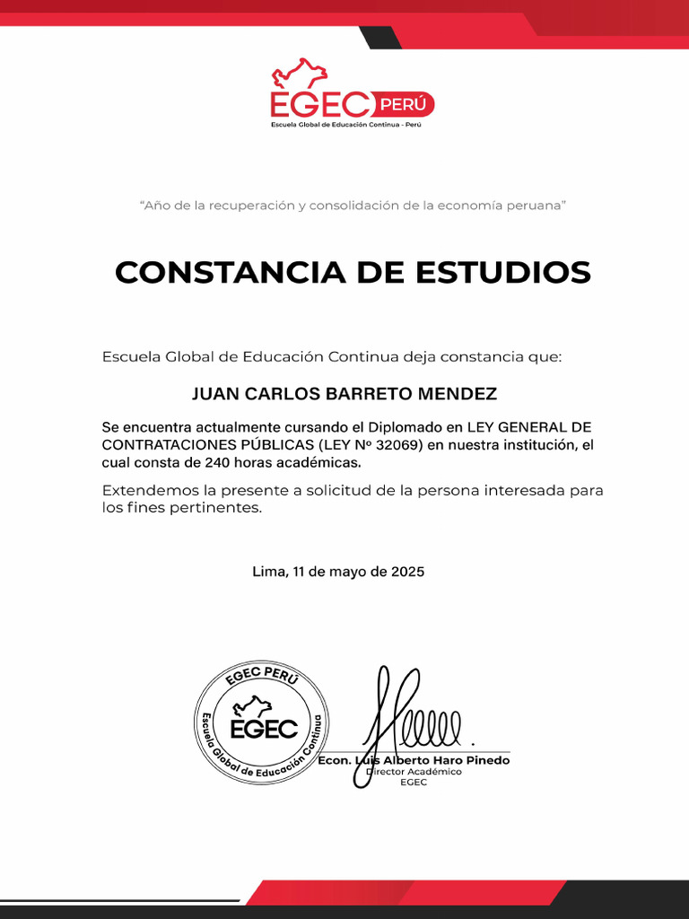Constancia-Nlce-Juan Carlos Barreto Mendez | PDF