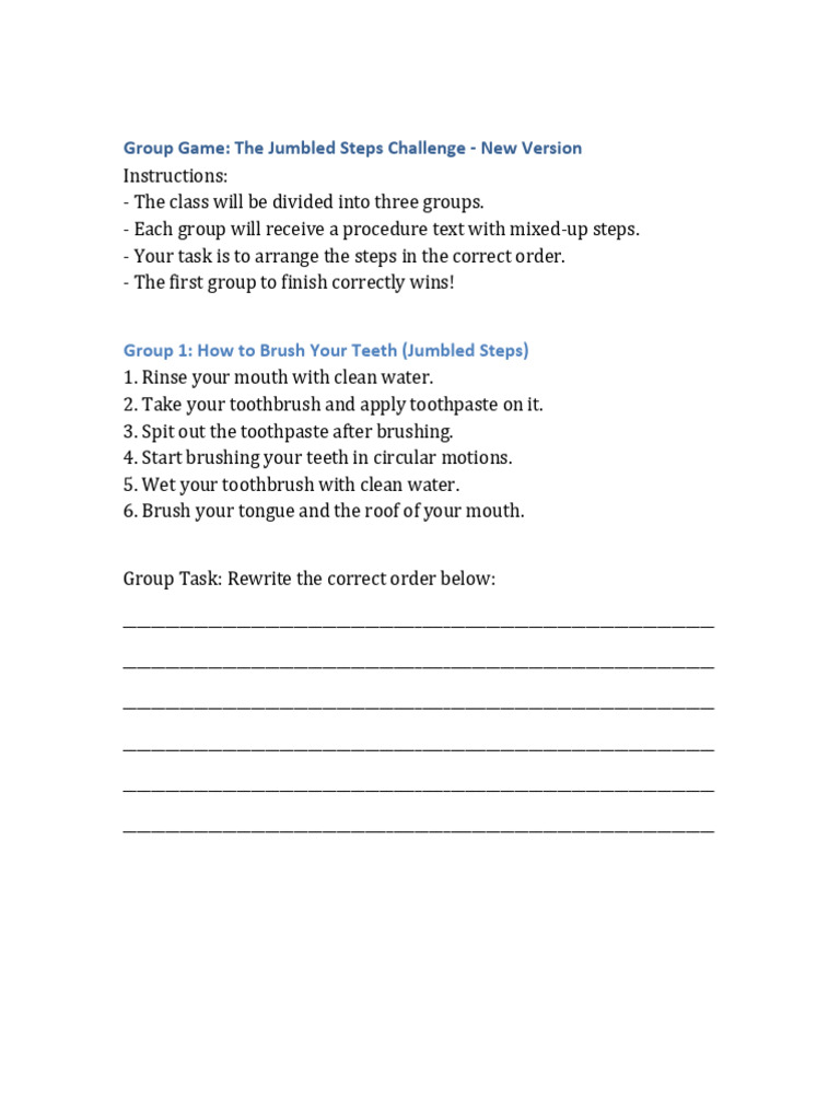 New Group Game Jumbled Steps | PDF | Toothbrush
