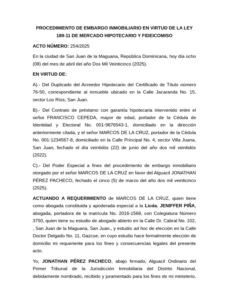 Procedimiento de Embargo Inmobiliario en Virtud de La Ley 189 | PDF ...