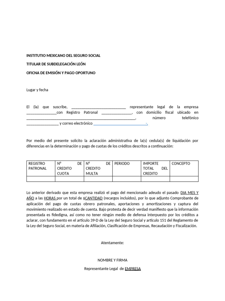 Fto Carta Aclaratoria Imss Por Pag de Diferencias | PDF