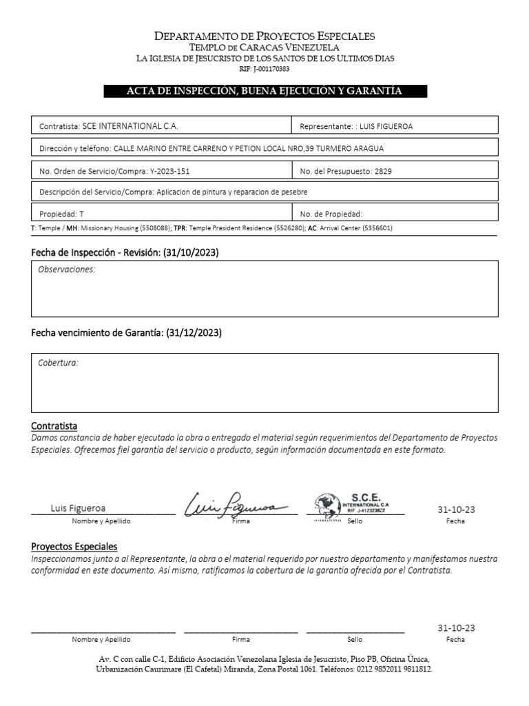 Acta de Inspeccion, Buena Ejecucion y Garantia SCE INTERNATIONAL | PDF