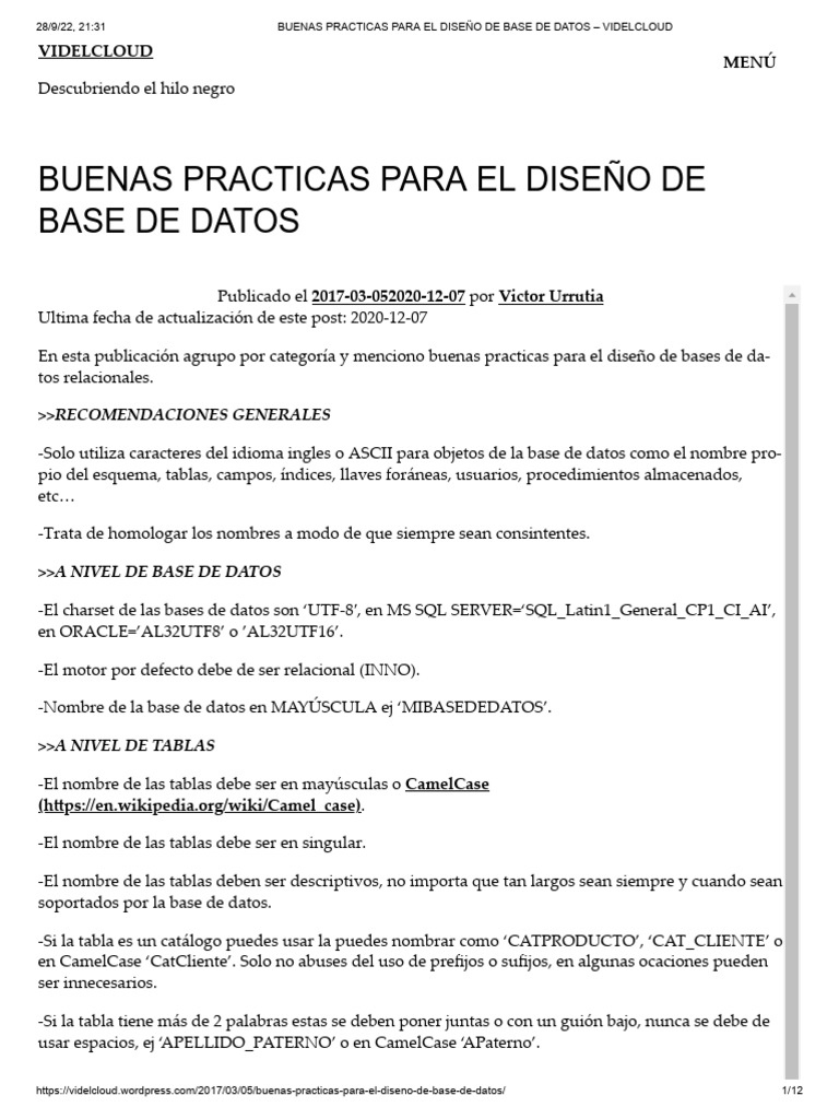 Buenas Practicas para El Diseño de Base de Datos - Videlcloud | PDF | Bases de datos | SQL