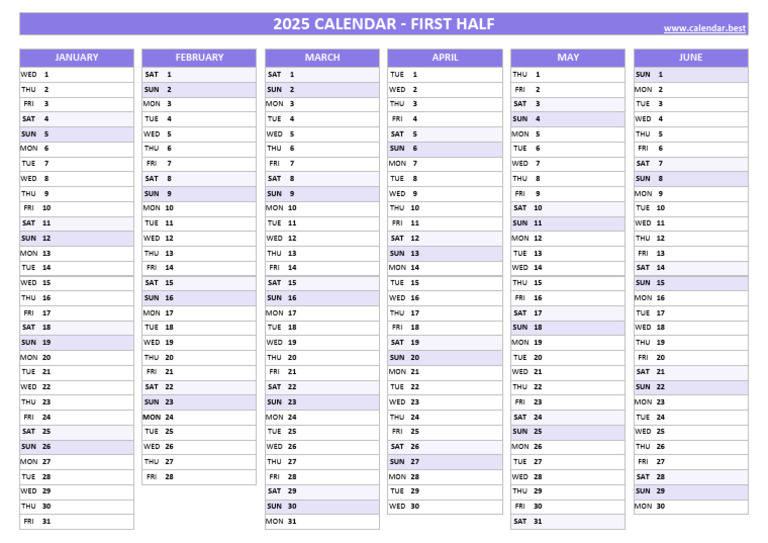 2025 First Half Calendar Overview | PDF