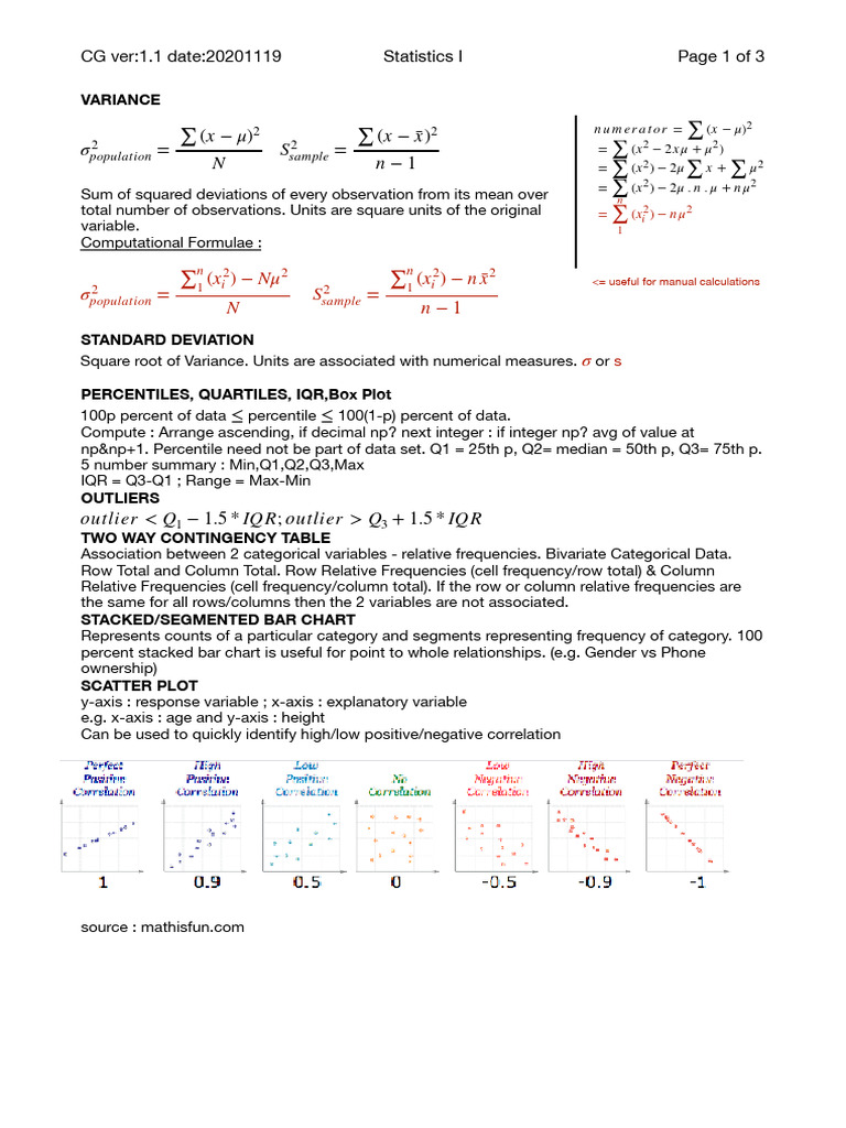 Statistics Shortcut Formulae Set | PDF | Variance | Covariance