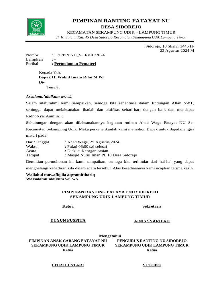 UNDANGAN FATAYAT - Untuk Pemateri | PDF