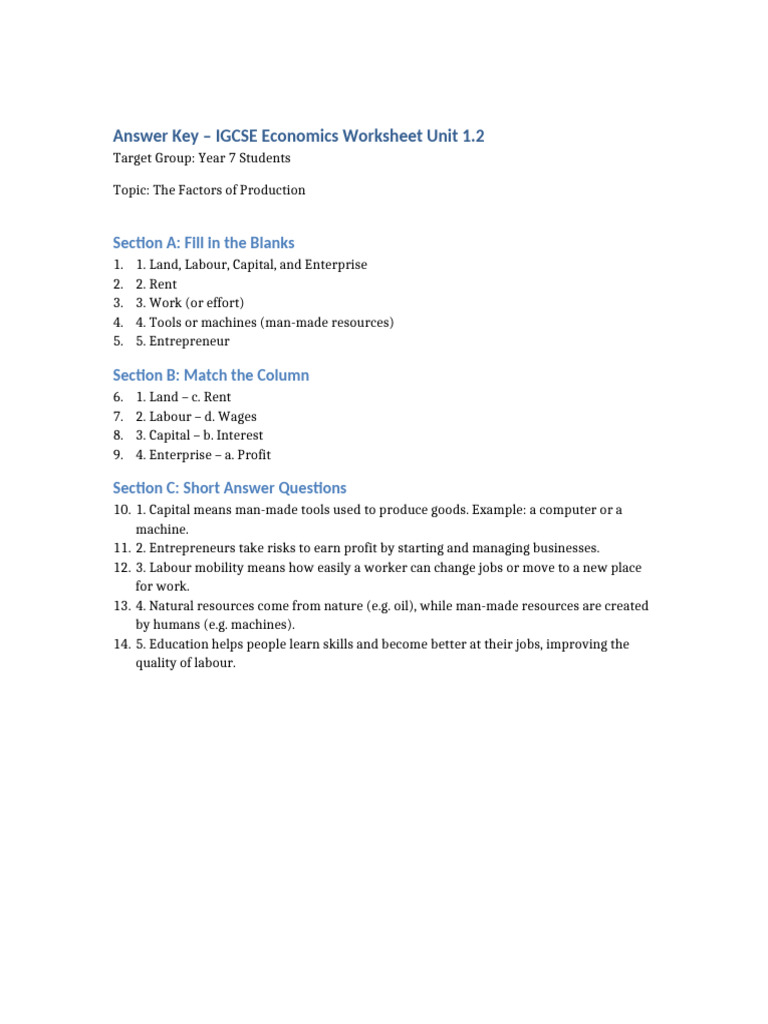 IGCSE Economics Unit 1 2 Worksheet AnswerKey Year7 | PDF