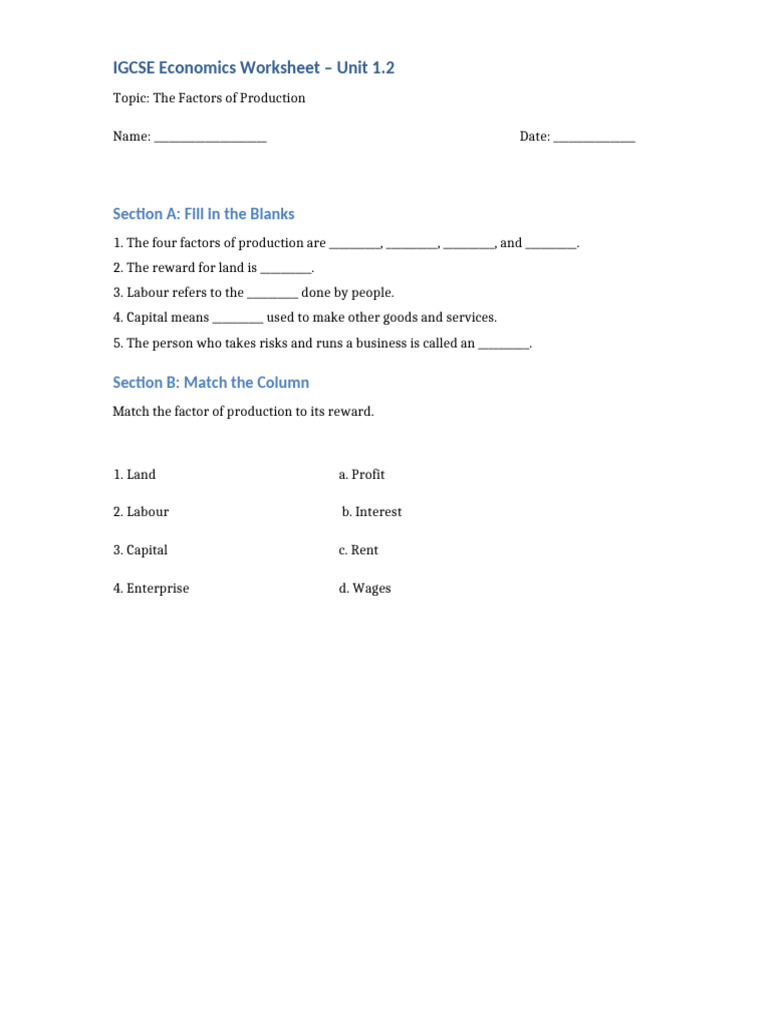 IGCSE_Economics_Unit_1_2_Worksheet_Year7 | PDF