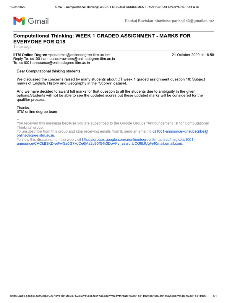 Gmail - Computational Thinking - WEEK 1 GRADED ASSIGNMENT - MARKS FOR EVERYONE FOR Q18 | PDF
