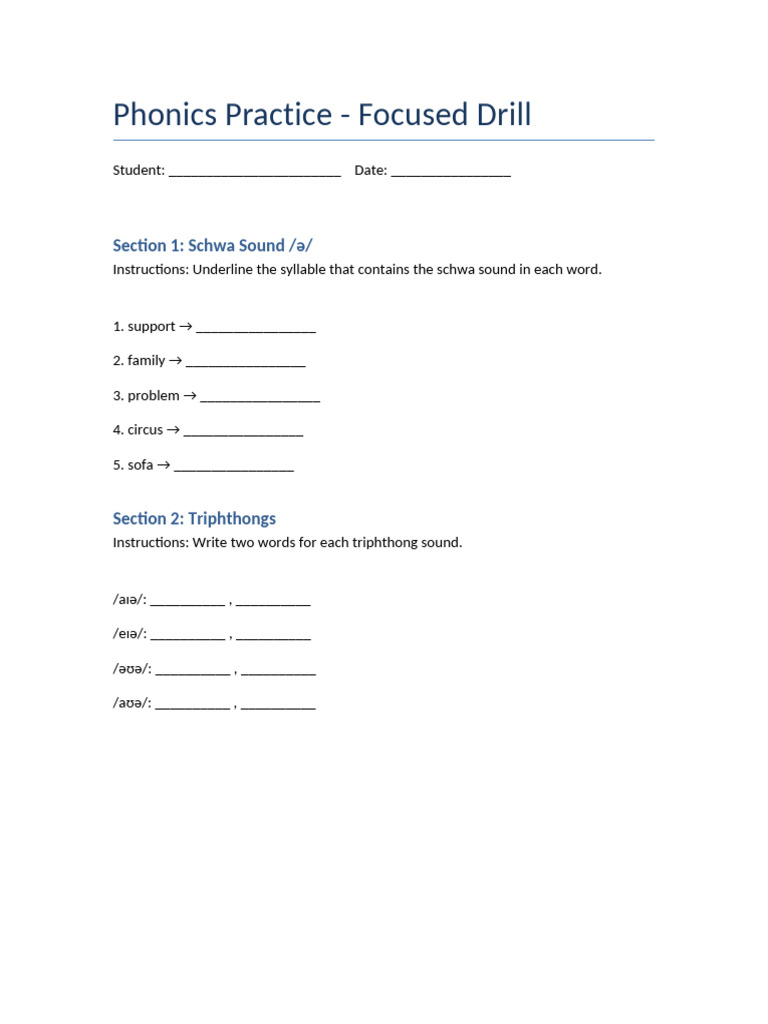 Phonics Schwa Triphthongs Practice | PDF