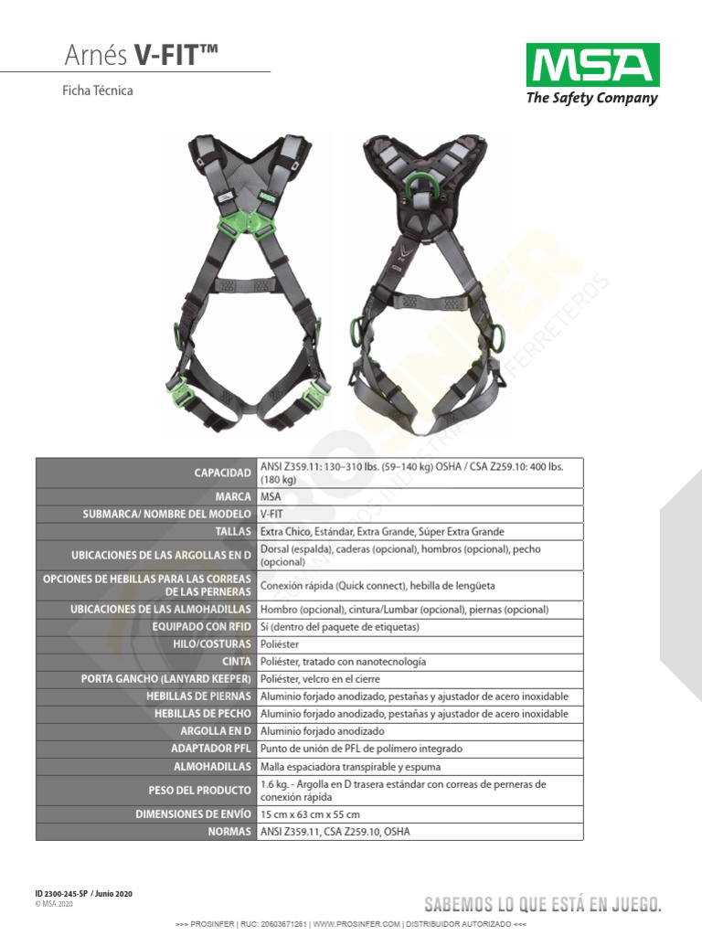 Ficha Técnica Arnés V-FIT™ MSA | PDF