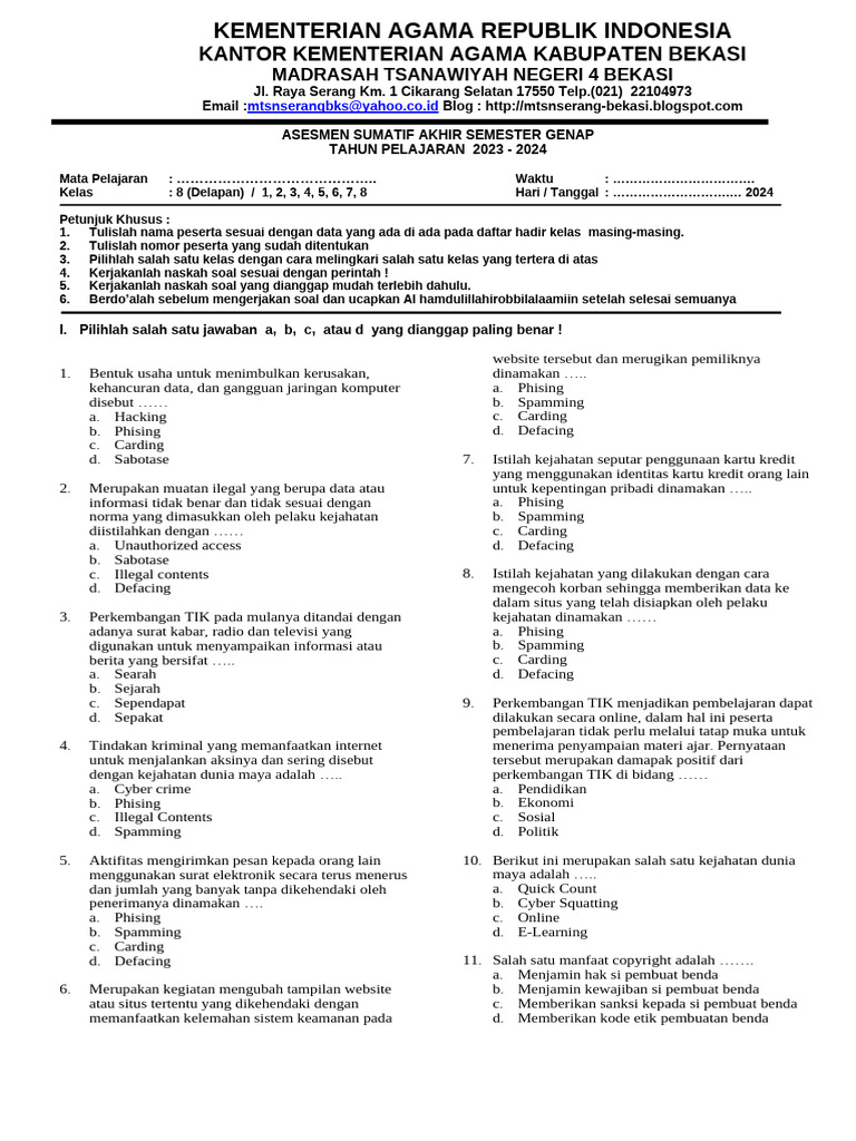 Soal Word Kelas 8 Informa | PDF
