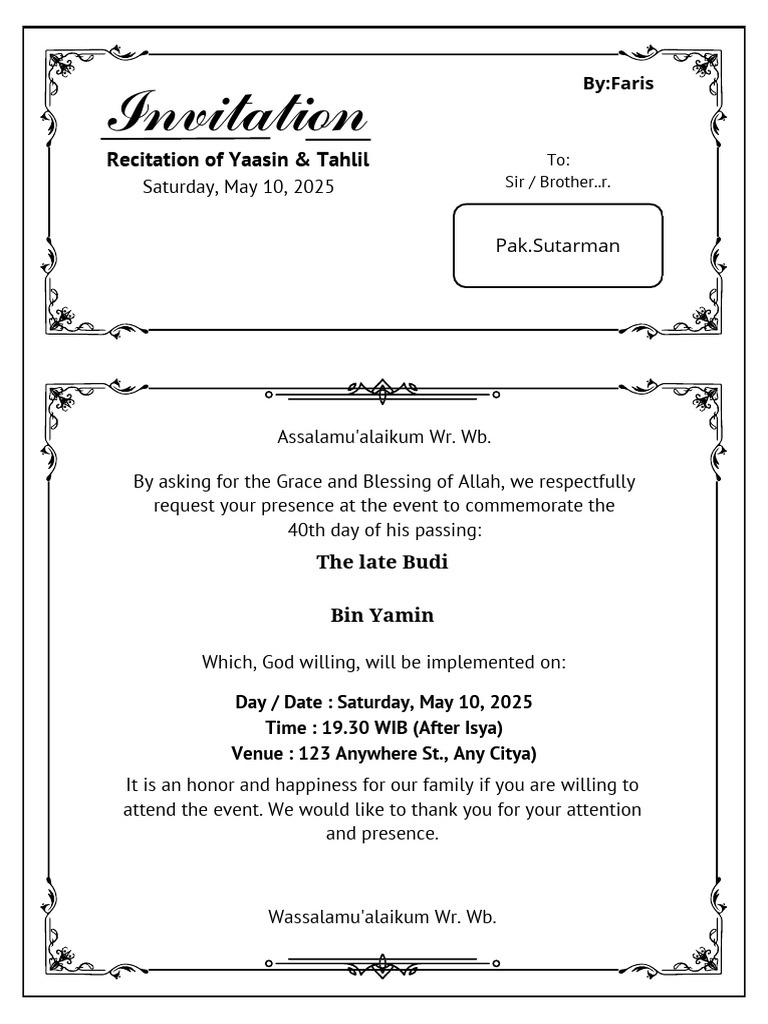 Putih Hitam Minimalis Klasik Undangan Yasin Dan Tahlil - 20250517 ...