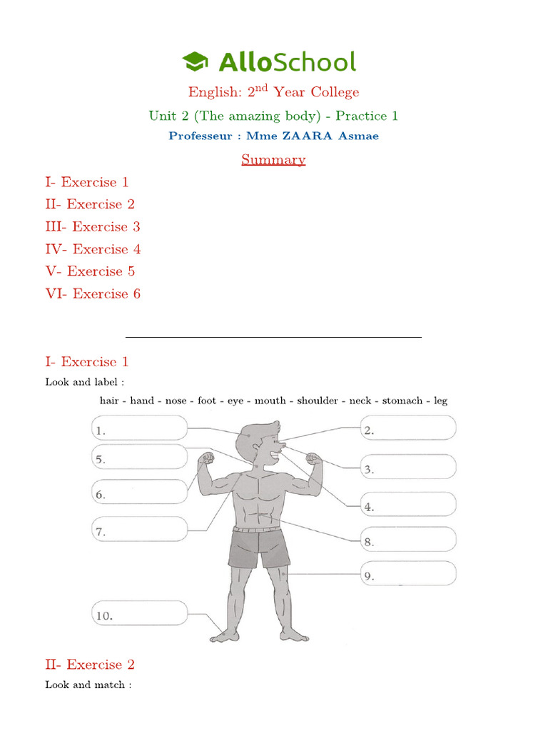 Unit 2 The Amazing Body Practice 1 2 | PDF