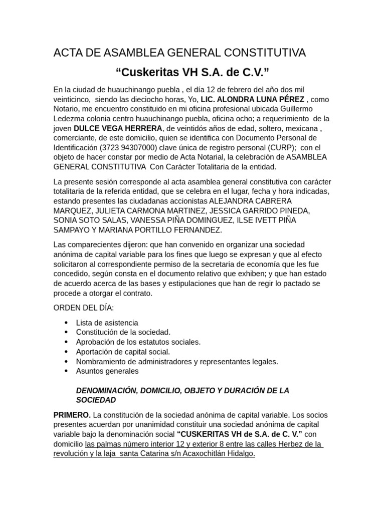Acta de Asamblea General Constitutiva 1 | PDF
