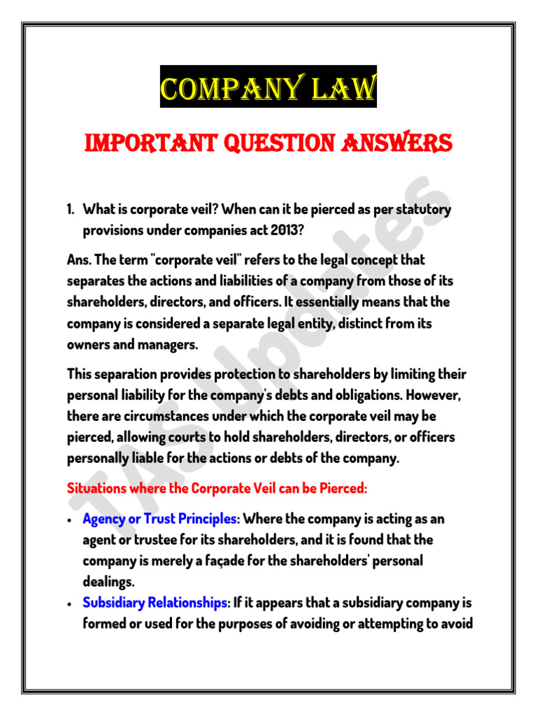 Key Company Law Questions & Answers | PDF | Piercing The Corporate Veil ...