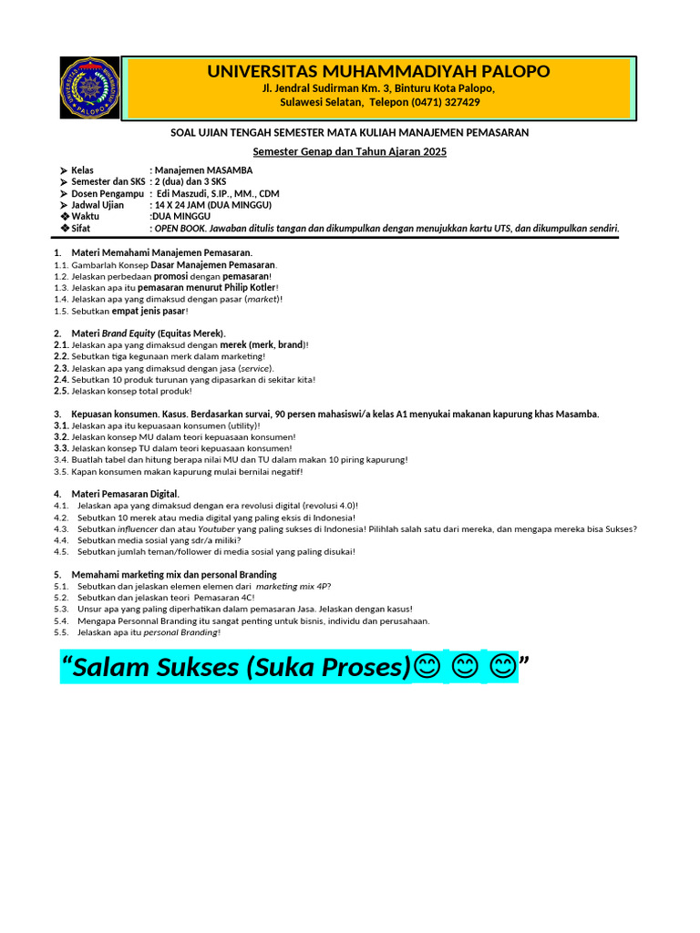 Soal Uts Mk Mnj Pms 2025 Kls Masamba. Fix | PDF