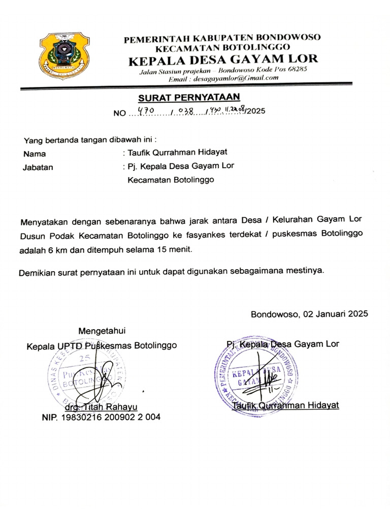 Surat Pernyataan Jarak Desa Gayam Lor | PDF