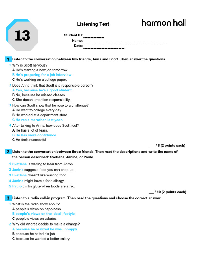Course 13 Listening Test Answer Key | PDF