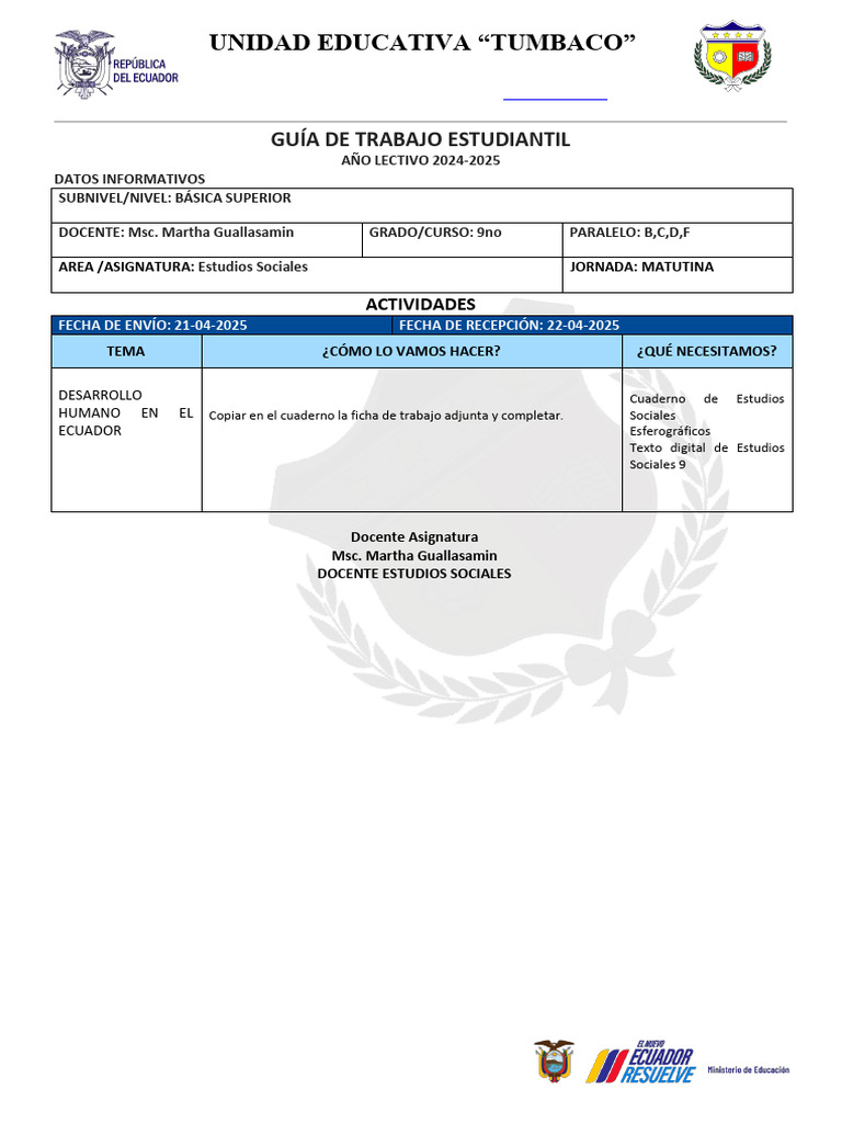 Guía de Trabajo Estudiantil Estudios Sociales 9no | PDF