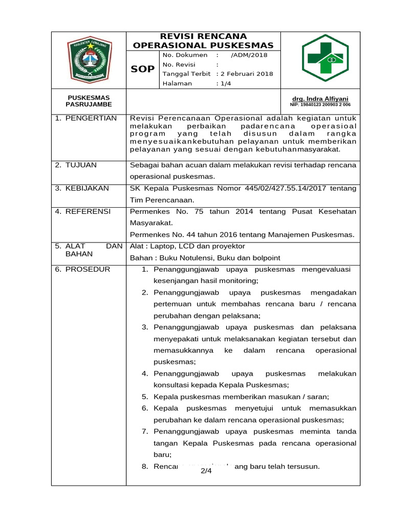 Revisi SOP Rencana Operasional Puskesmas | PDF