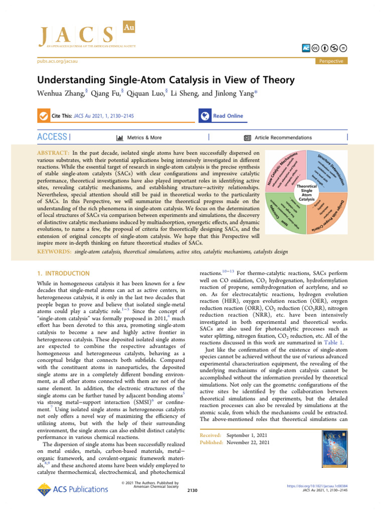 Zhang Et Al 2021 Understanding Single Atom Catalysis in View of Theory ...