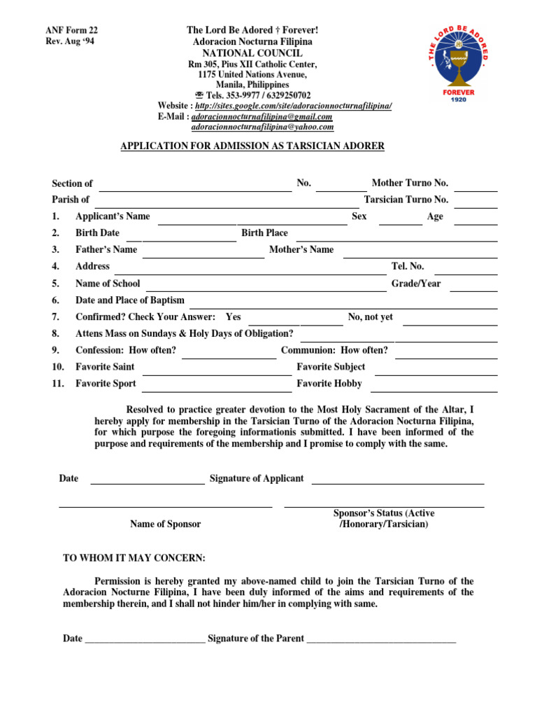 ANF Form 22 Rev. Aug 94 | PDF | Religious Rituals | Christian Worship And Liturgy