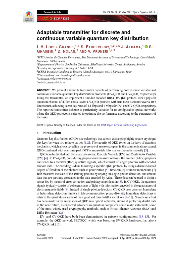 Versatile Transmitter for QKD Protocols | PDF | Telecommunications ...