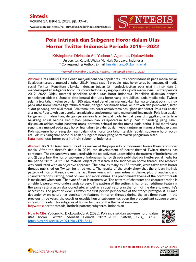 Pola Intrinsik Dan Subgenre Horor Dalam Utas Horror Twitter Indonesia Periode 2019-2022 ...