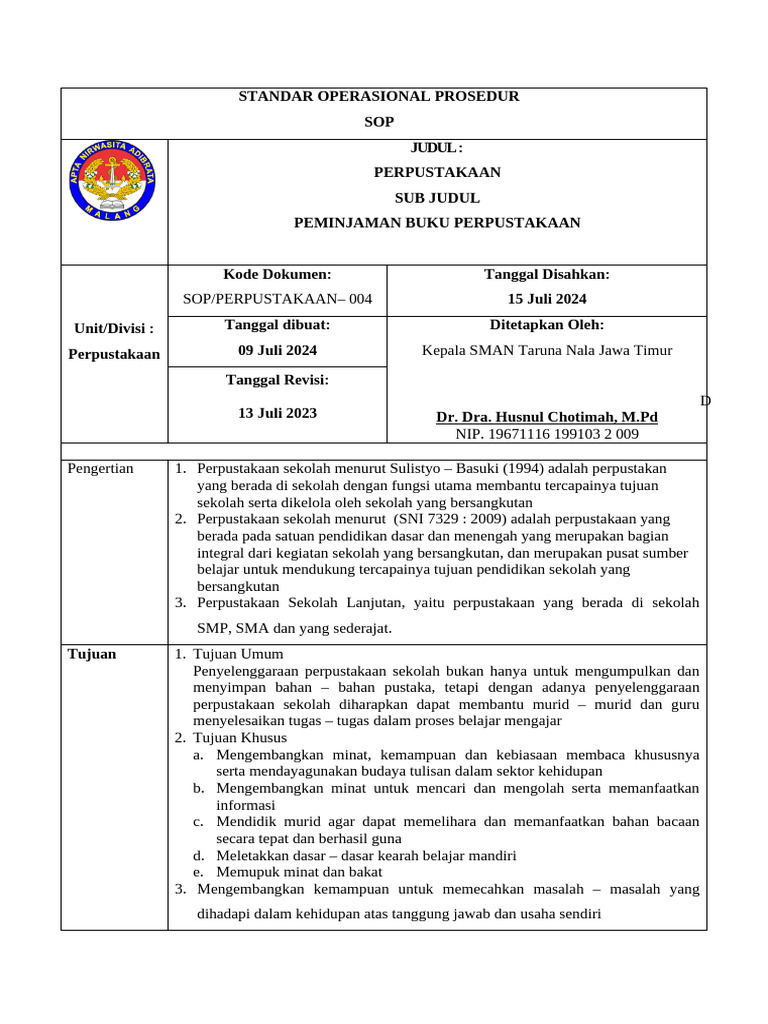SOP Peminjaman Buku Perpustakaan Sekolah | PDF