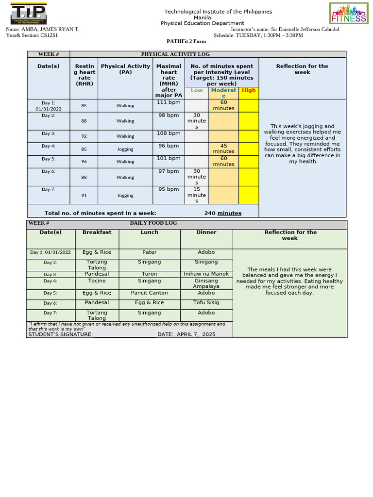 PATHFit 2 Form WEEK16docx | PDF | Meal | Eating Behaviors Of Humans