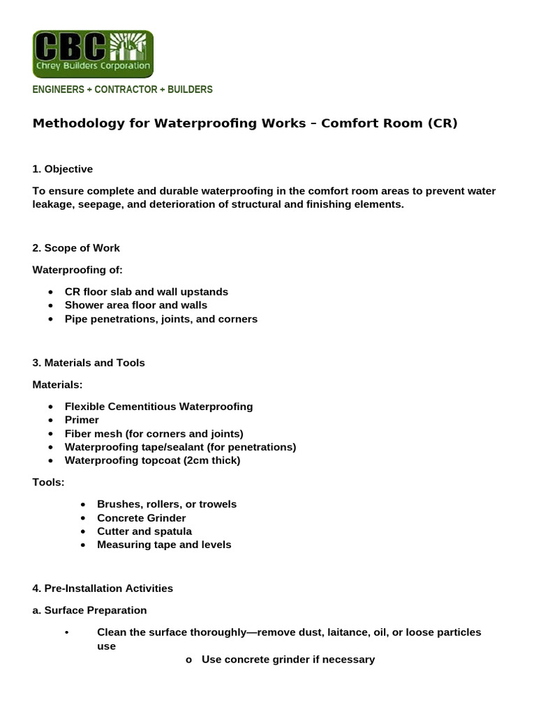 Waterproofing Methodology for Comfort Rooms | PDF | Concrete | Pipe ...