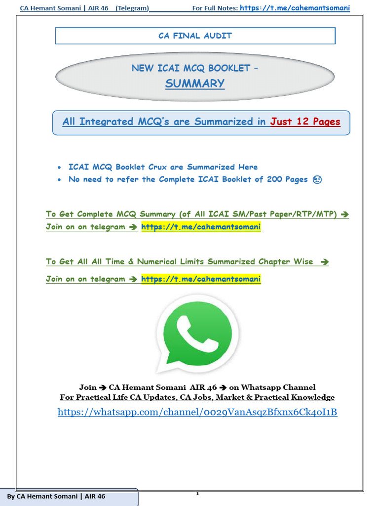 Audit New MCQ Booklet SUMMARY | PDF | Auditor's Report | Audit