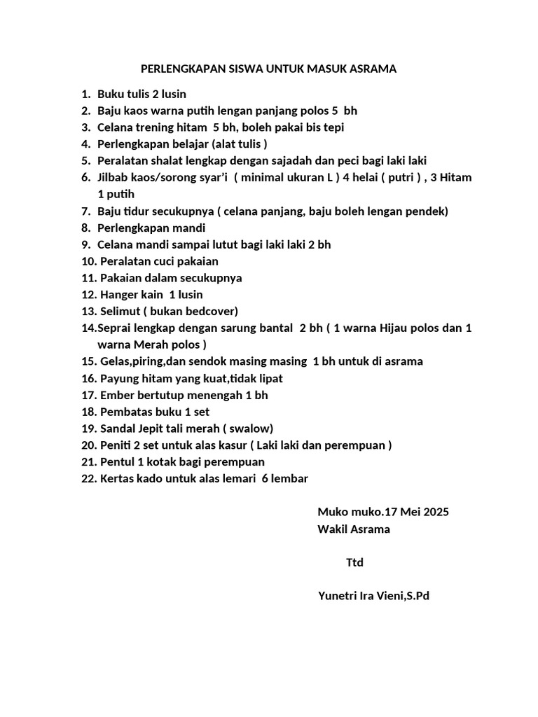 Perlengkapan Masuk Asrama 2025 | PDF