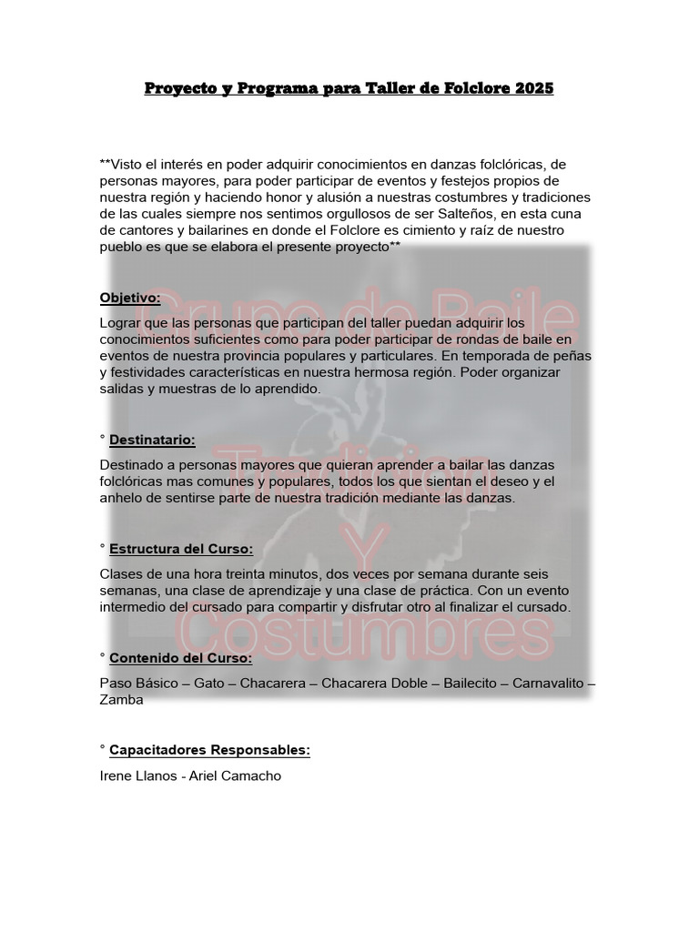 Proyecto y Programa para Taller de Folclore 2025 | PDF
