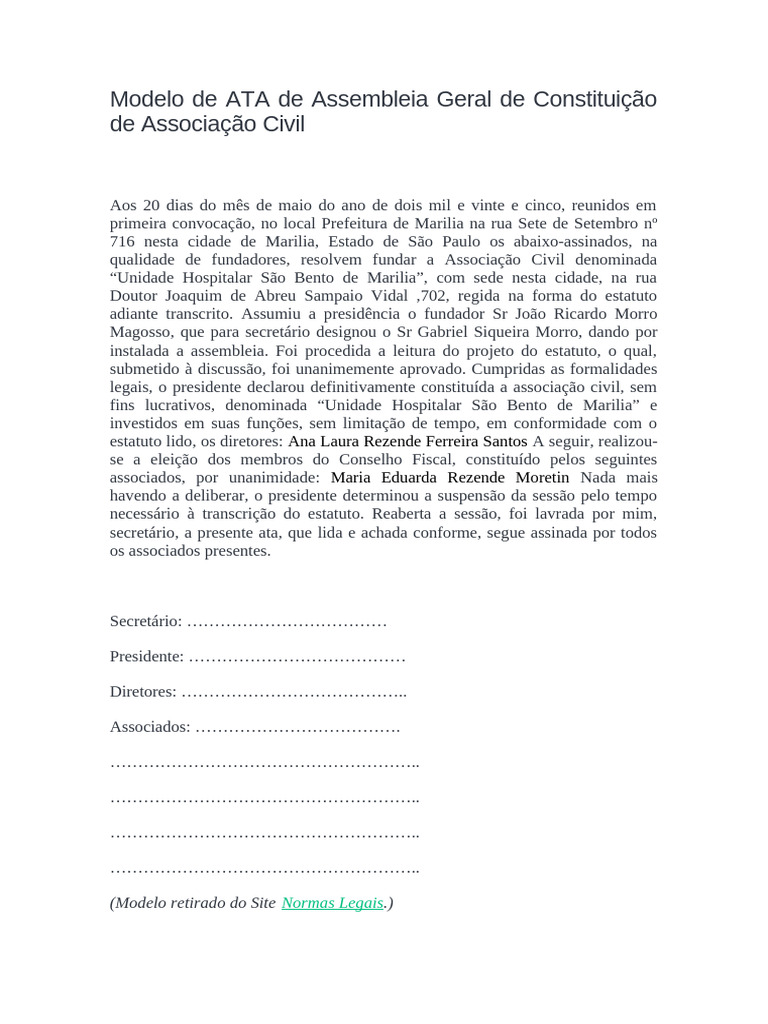Modelo de ATA de Assembleia Geral de Constituição de Associação Civil | PDF