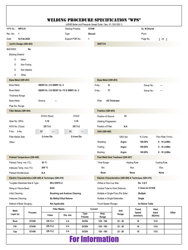 WPS Sample - ? Material - S.S 304L & Titanim - ? PDF | PDF | Welding ...