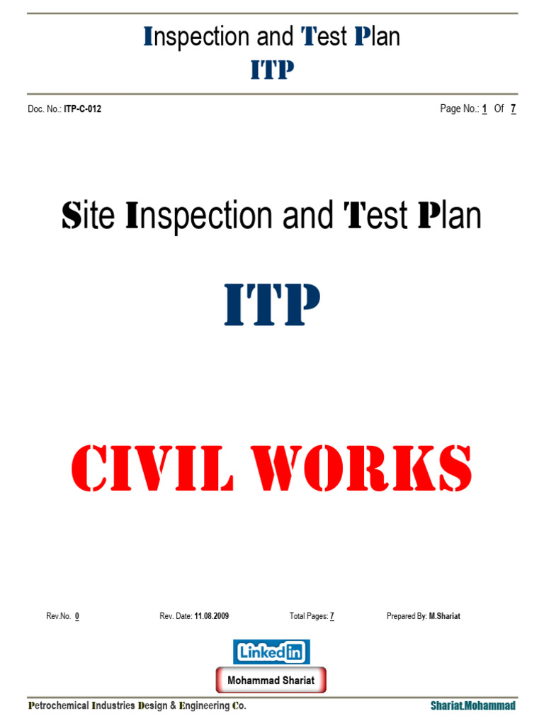 ? Site Inspection and Test Plan - ? ITP For Civil Works | PDF ...