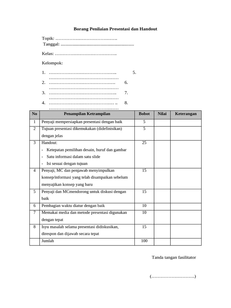Borang Penilaian Presentasi Dan Handout | PDF