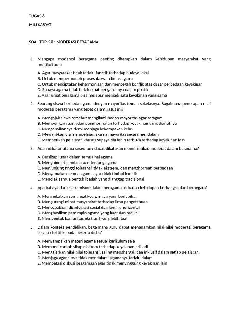 8. Soal Moderasi Beragama - MILI KARYATI | PDF