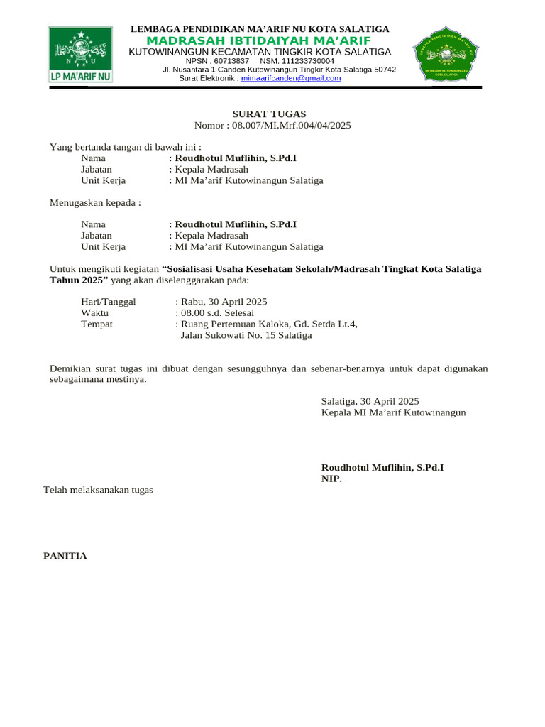 Surat Tugas Kepala Sekolah | PDF