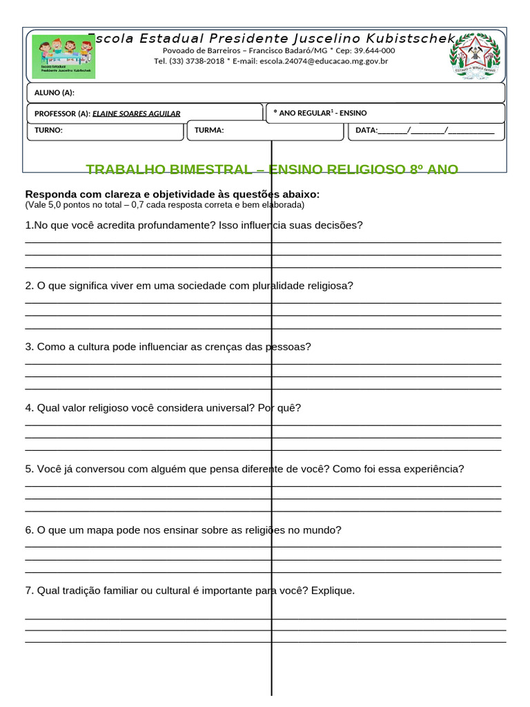 Trabalho de Ensino Religioso - 8º Ano | PDF