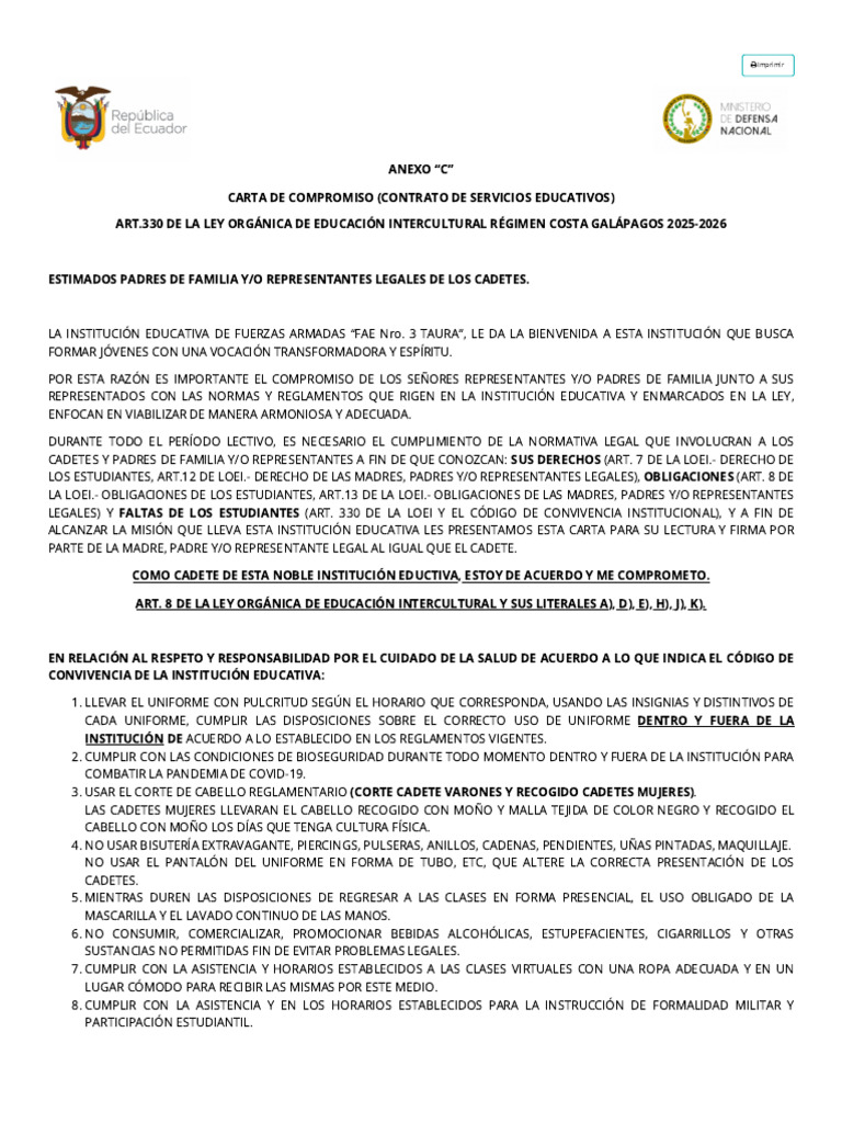 Carta de Compromiso Educativa FAE Taura | PDF | Institución | Regulación