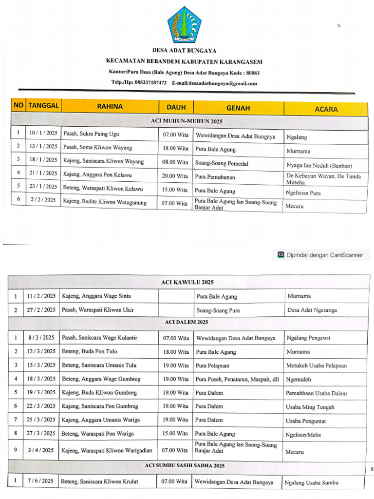 Kalender Desa Adat Bungaya Tahun 2025 | PDF