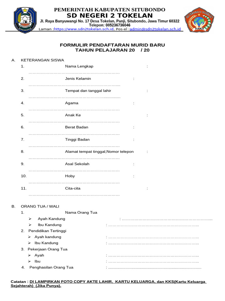 Formulir Pendaftaran Siswa Baru 1 | PDF