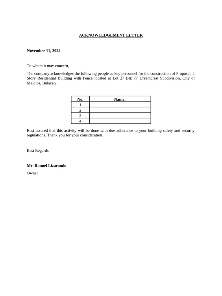 Acknowledgement Letter List of Personnel | PDF