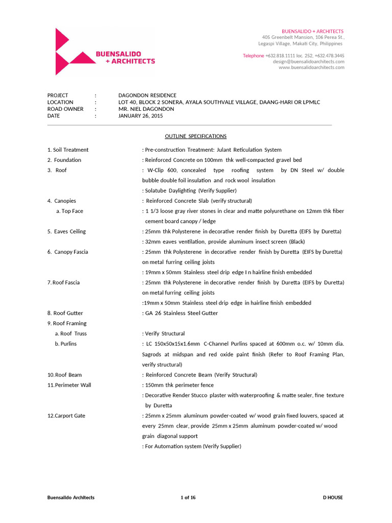 DAGONDON OUTLINE SPECIFICATIONS 01262015 | PDF | Tile | Door